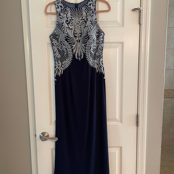 Cachet | Dresses | Cachet Formal Gown Navy Blue Silver Beaded Bodice ...